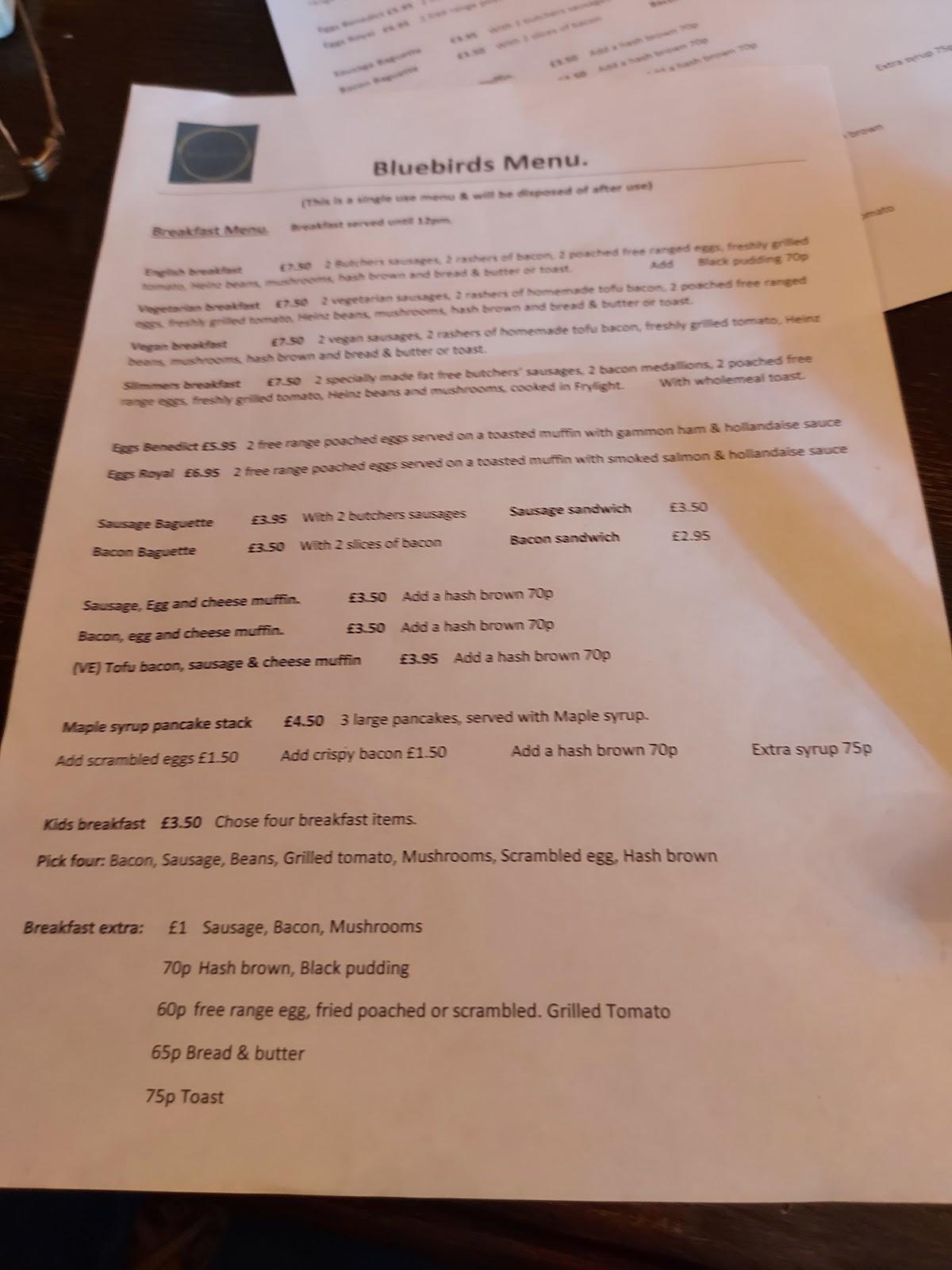 Menu at The Bluebird Tea Rooms restaurant, Clacton-on-Sea