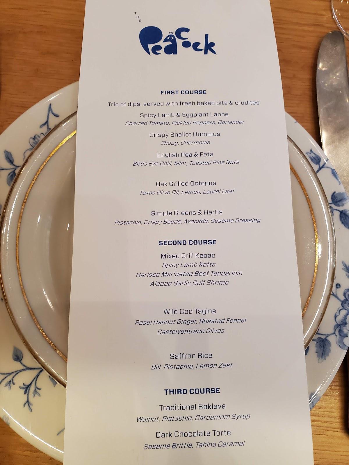 Menu at The Peacock Mediterranean Grill restaurant, Austin