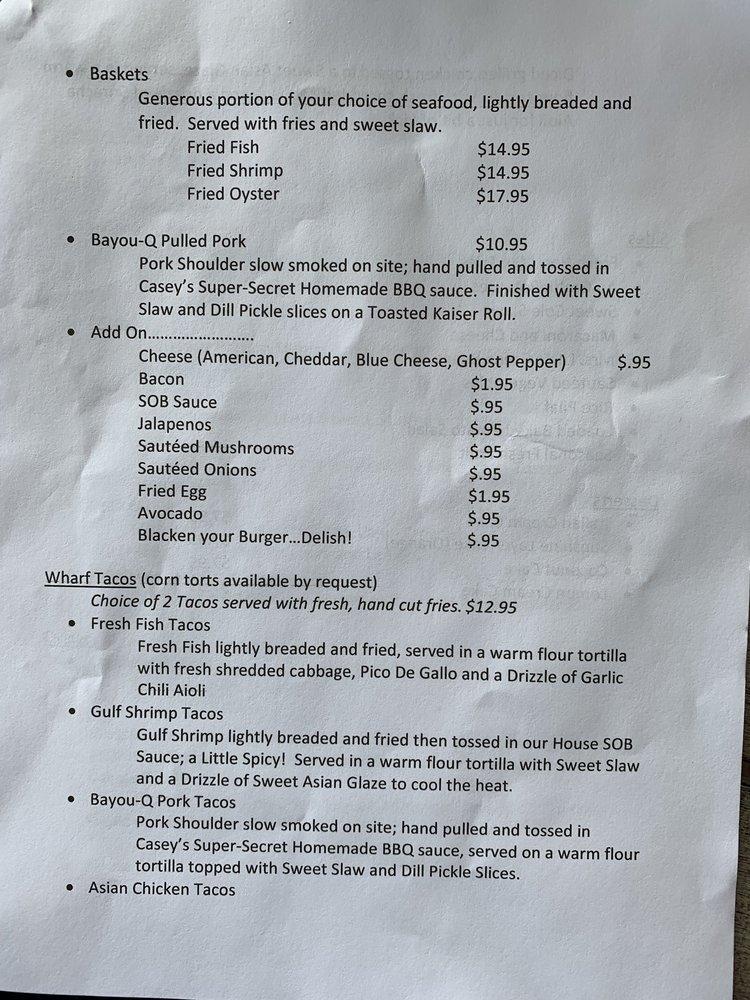 Menu at The Wharf 850 restaurant, Niceville