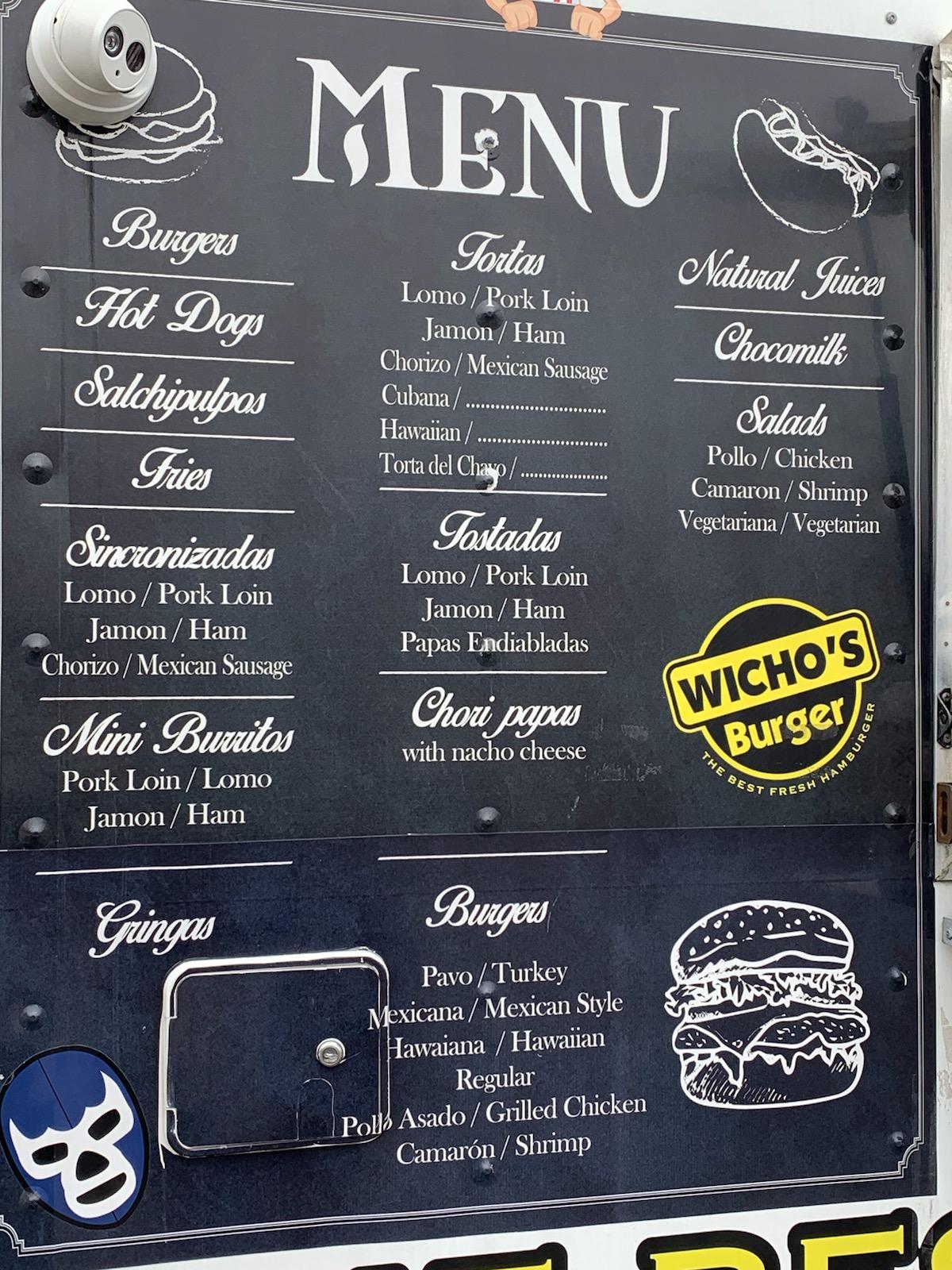 Menu at Wicho's burger restaurant, Detroit