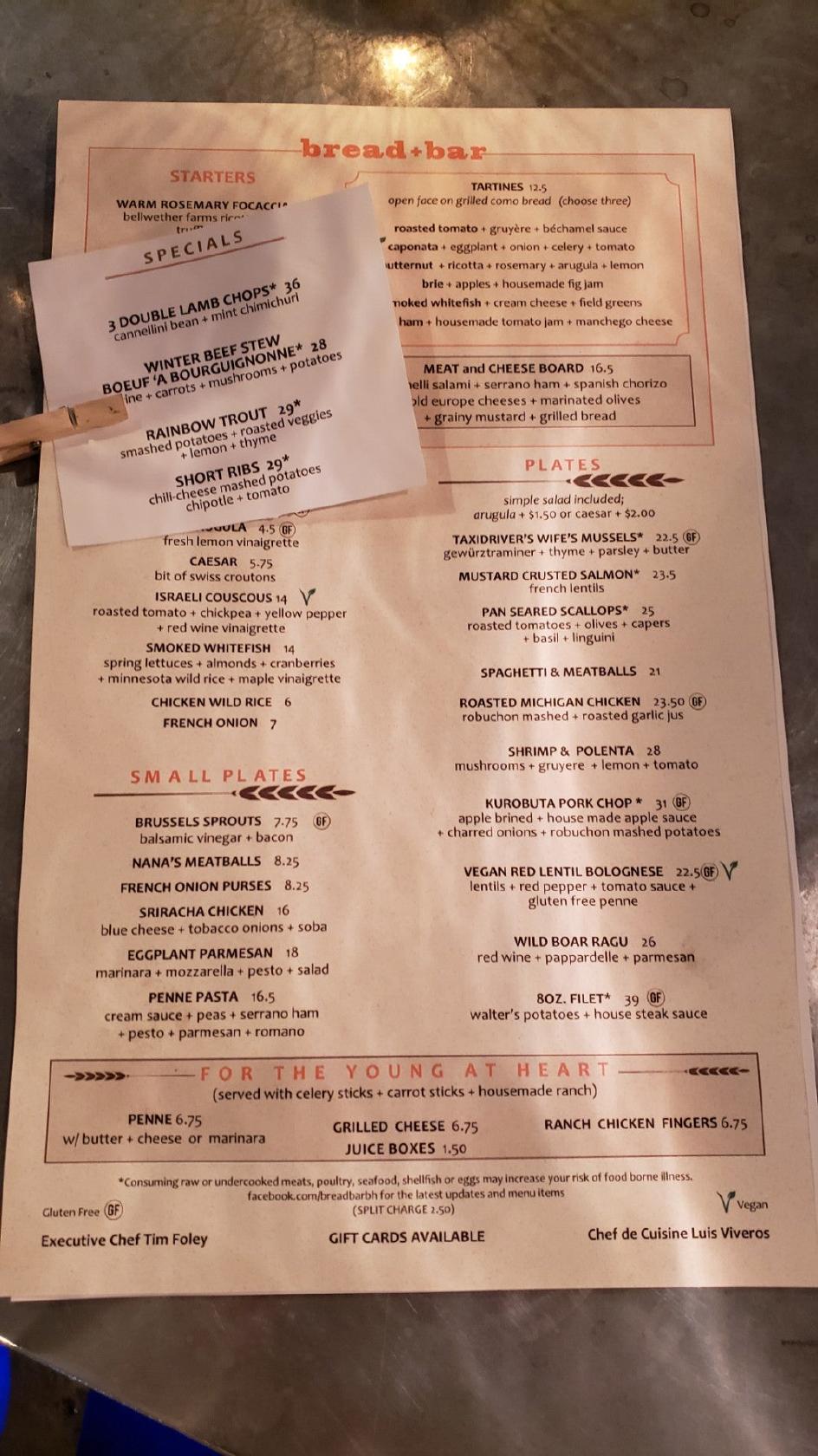 Menu at bread+bar, Benton Harbor