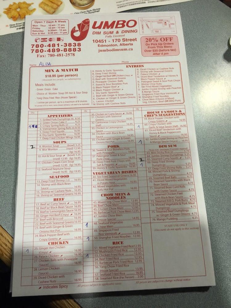 Menu at Jumbo Dim Sum restaurant, Edmonton