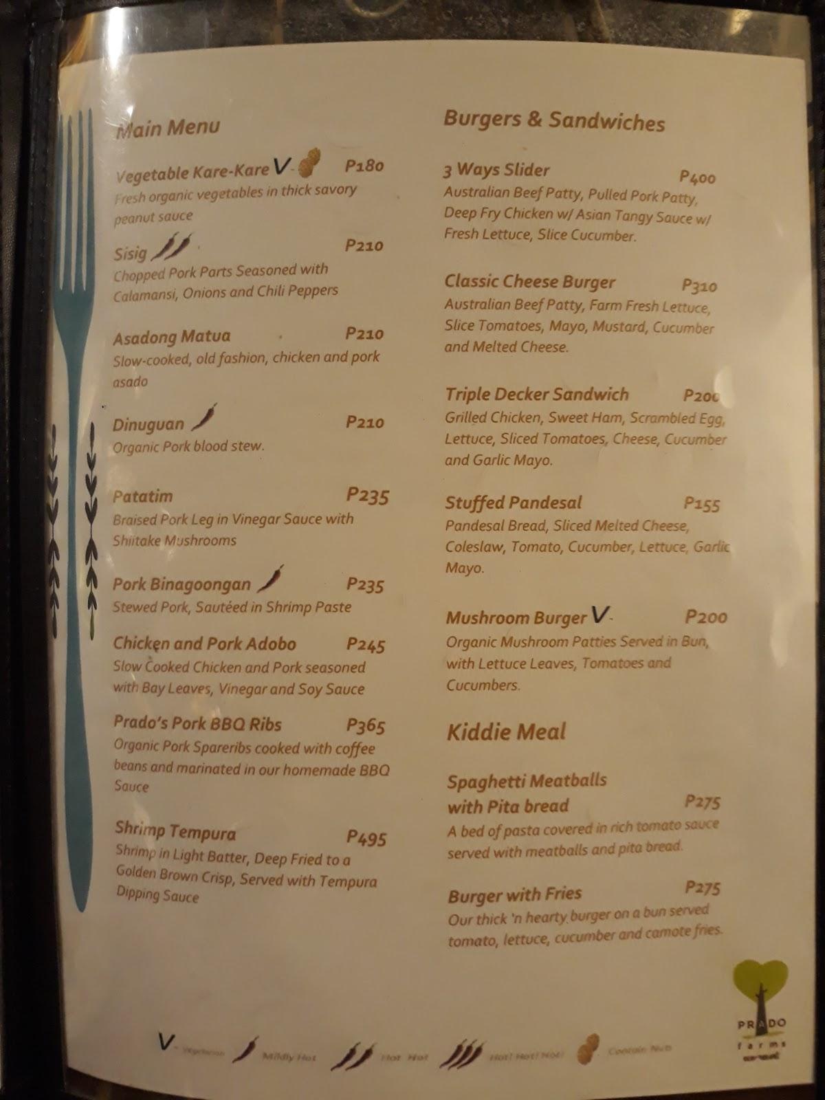 Menu at Prado Cafe, Lubao