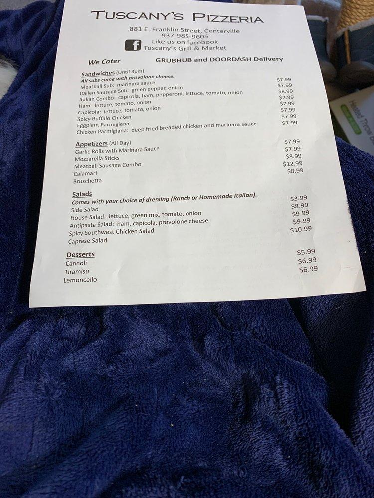 Menu at Tuscany's Italian Restaurant, Centerville