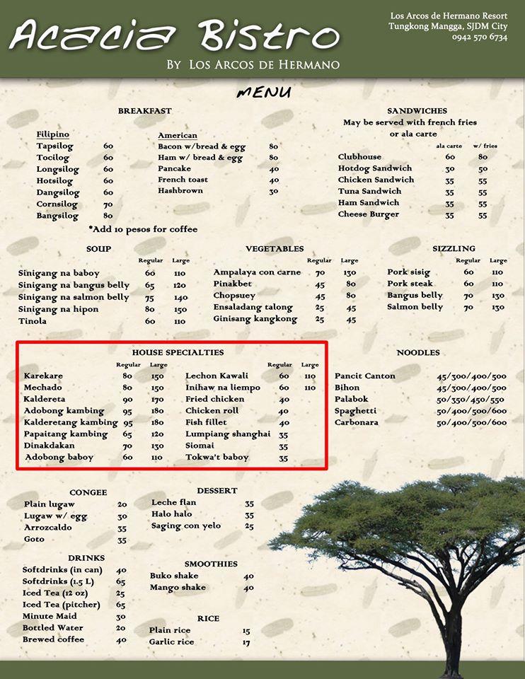 Menu at Acacia Bistro restaurant, San Jose del Monte City