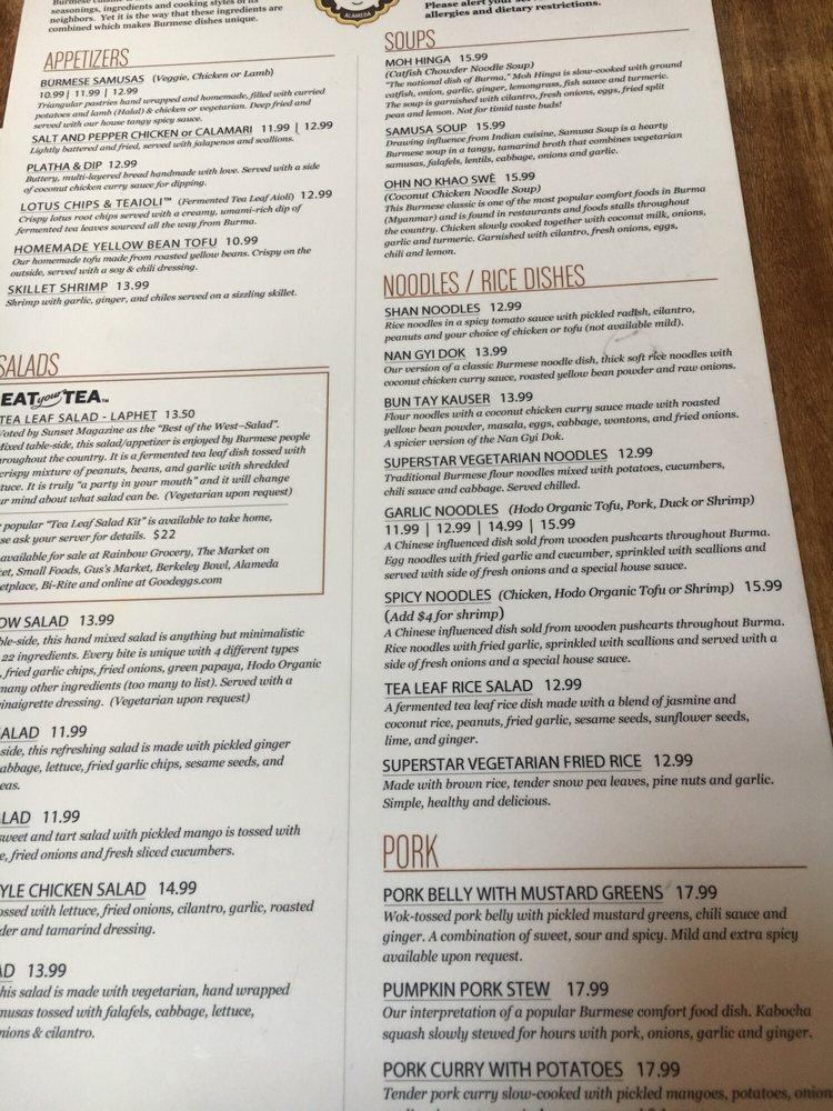 Menu at Burma Superstar restaurant, Alameda
