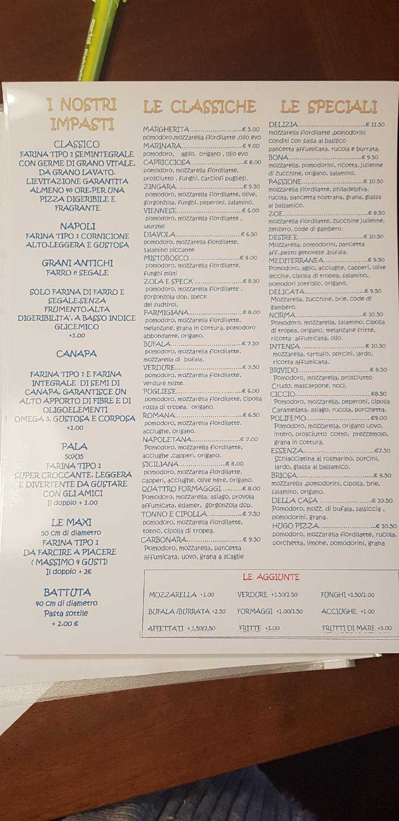 Menu da Hugo Pizza pizzeria, Piazzola sul Brenta