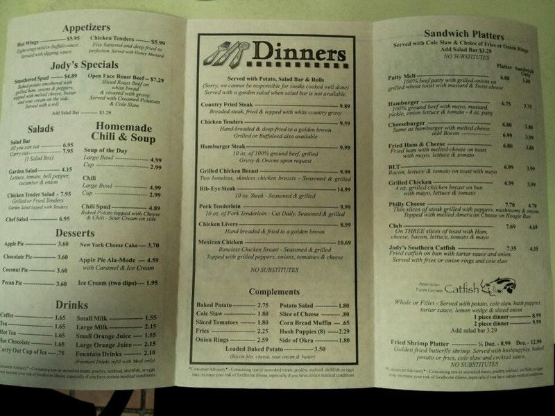 Menu at Jody's Restaurant, Tuscumbia, Old Hwy 20
