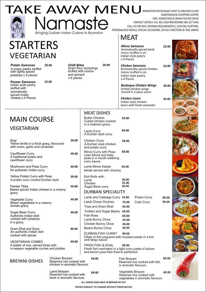 Menu au Namaste Bryanston restaurant, Sandton