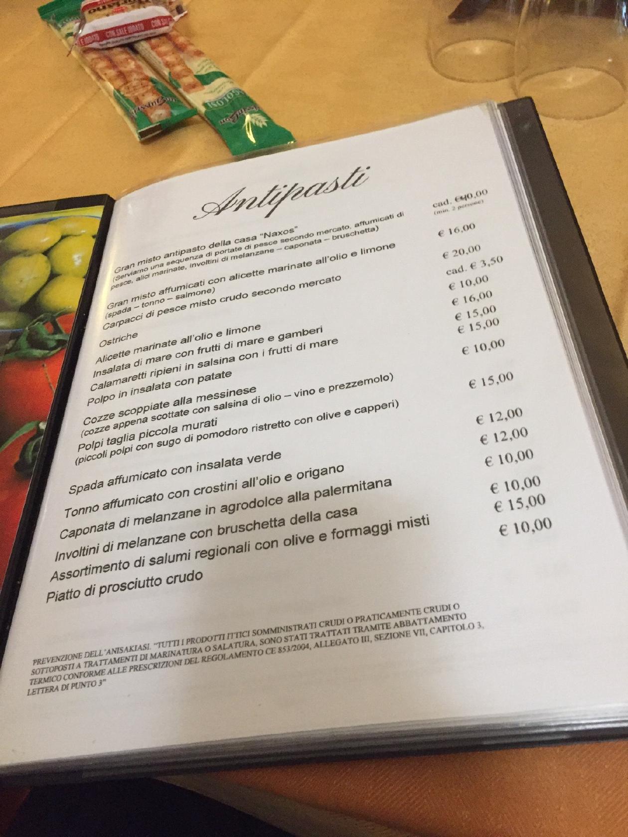 Menu at Naxos restaurant, Milan