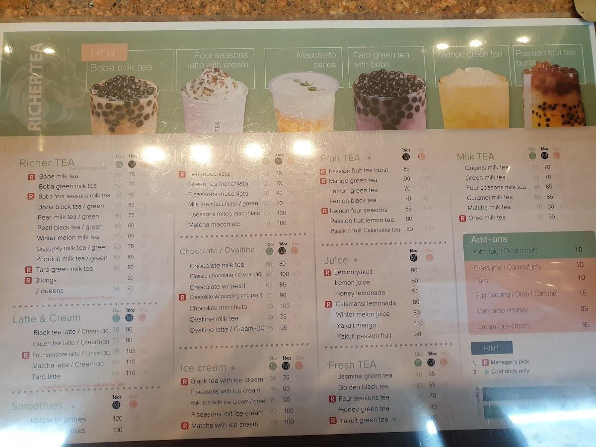 Menu at Richer Tea cafe, Tagbilaran City