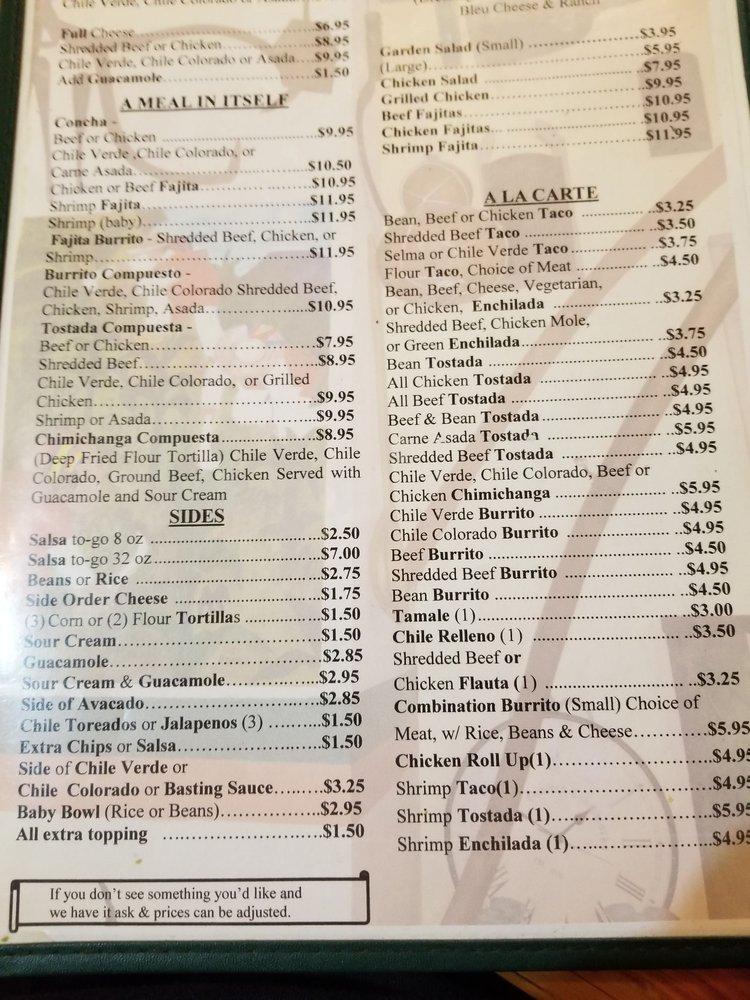 Menu at Rodolfo's restaurant, Selma