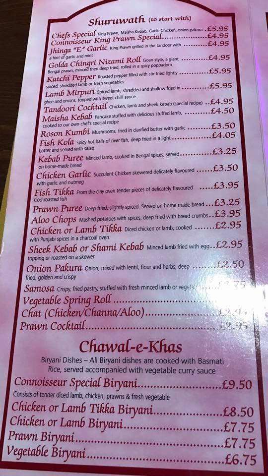 Menu at The Spice Ambassador restaurant, Cardiff
