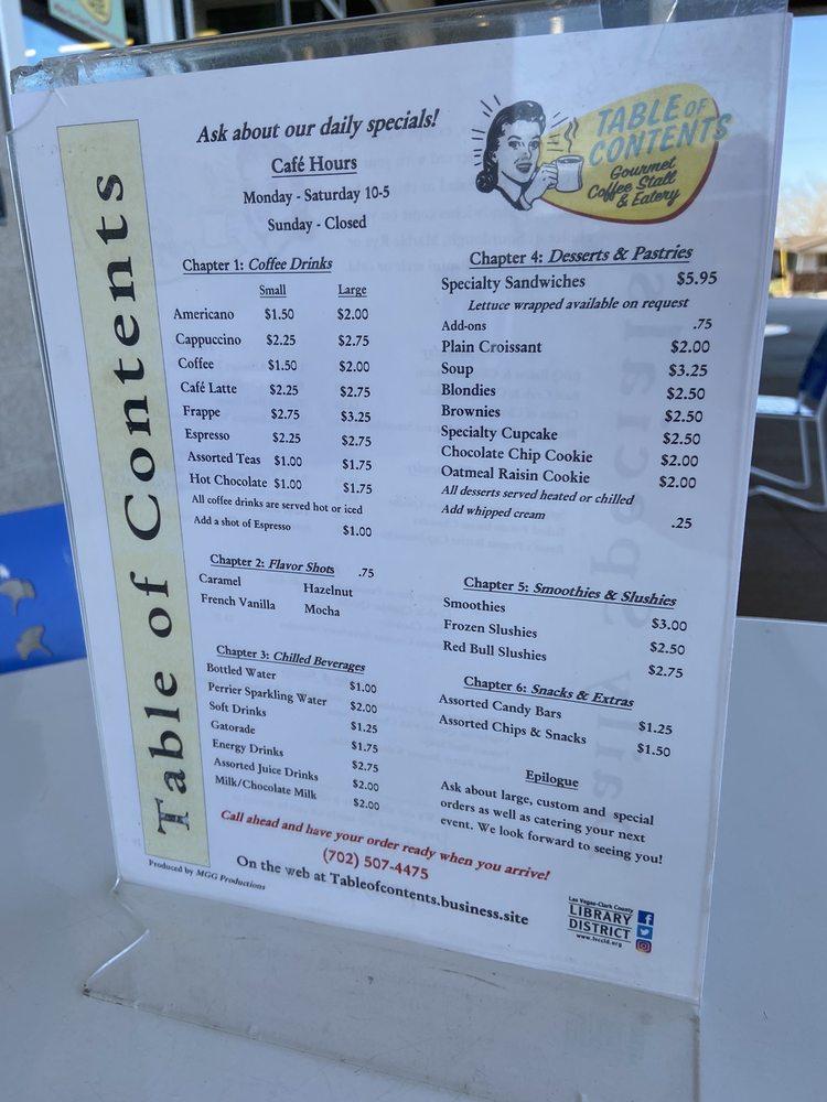 Menu at Table of Contents cafe, Mesquite