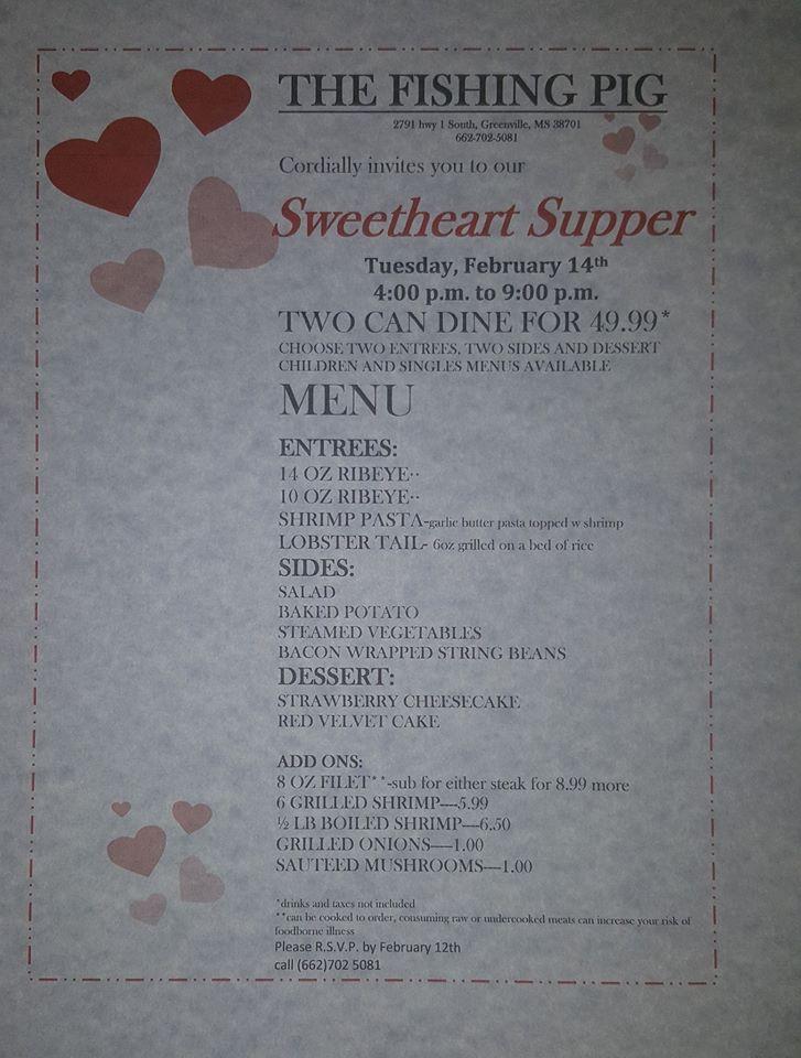 Menu at The Fishing Pig restaurant, Greenville