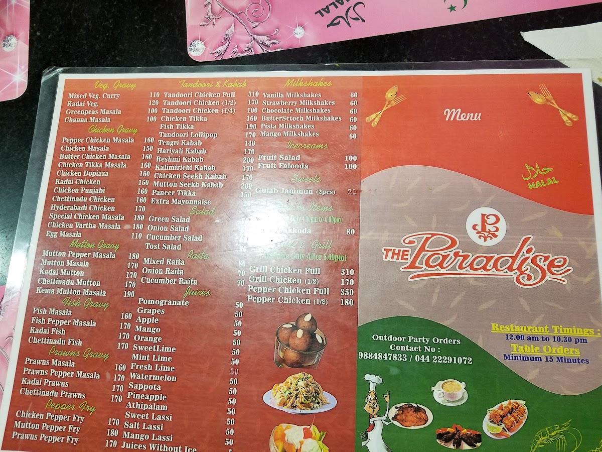 Menu at The Paradise - Restaurant, Chennai