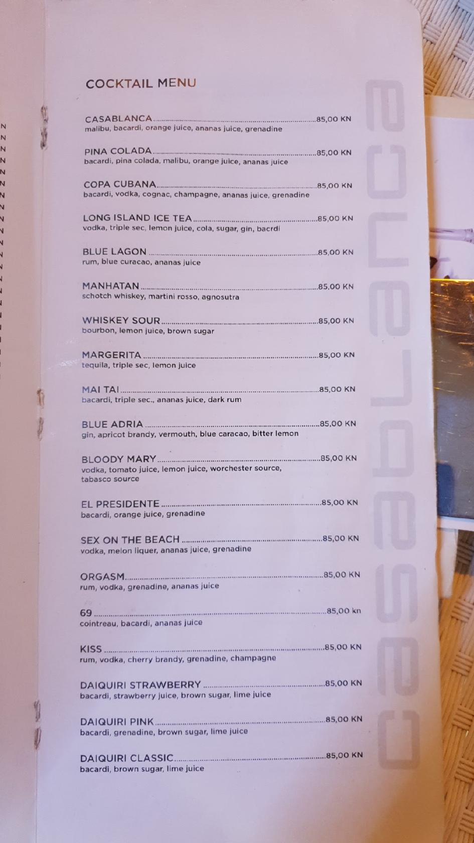 Menu at Casablanca cafe, Poreč