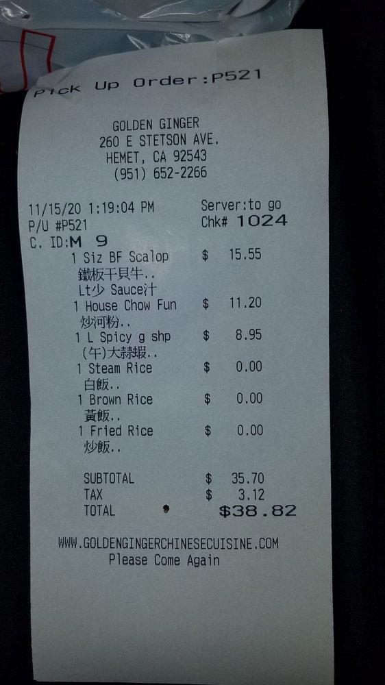 Menu at Golden Ginger restaurant, Hemet, 268 E Stetson Ave