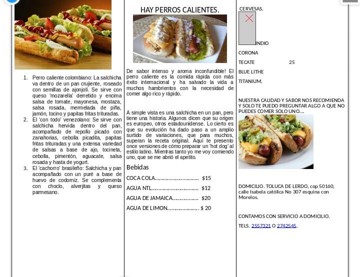 Menu at HOT DOGS restaurant, Toluca