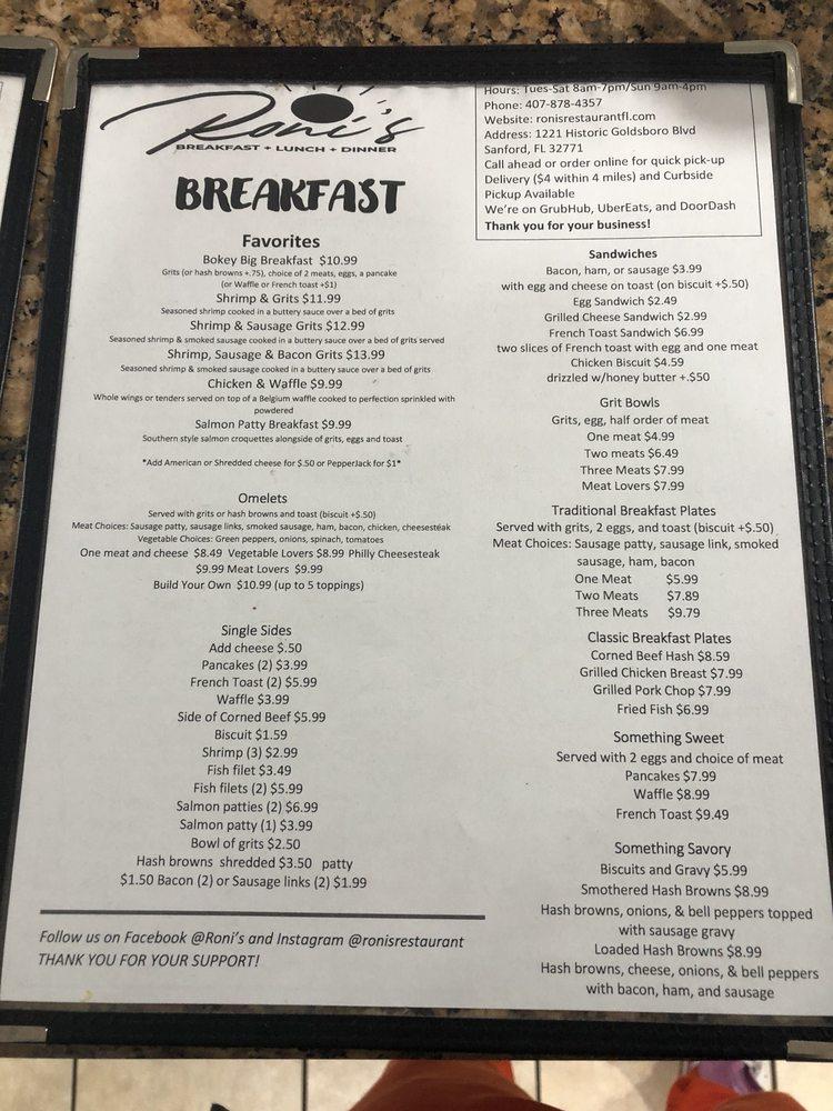Menu at Roni's Restaurant, Sanford