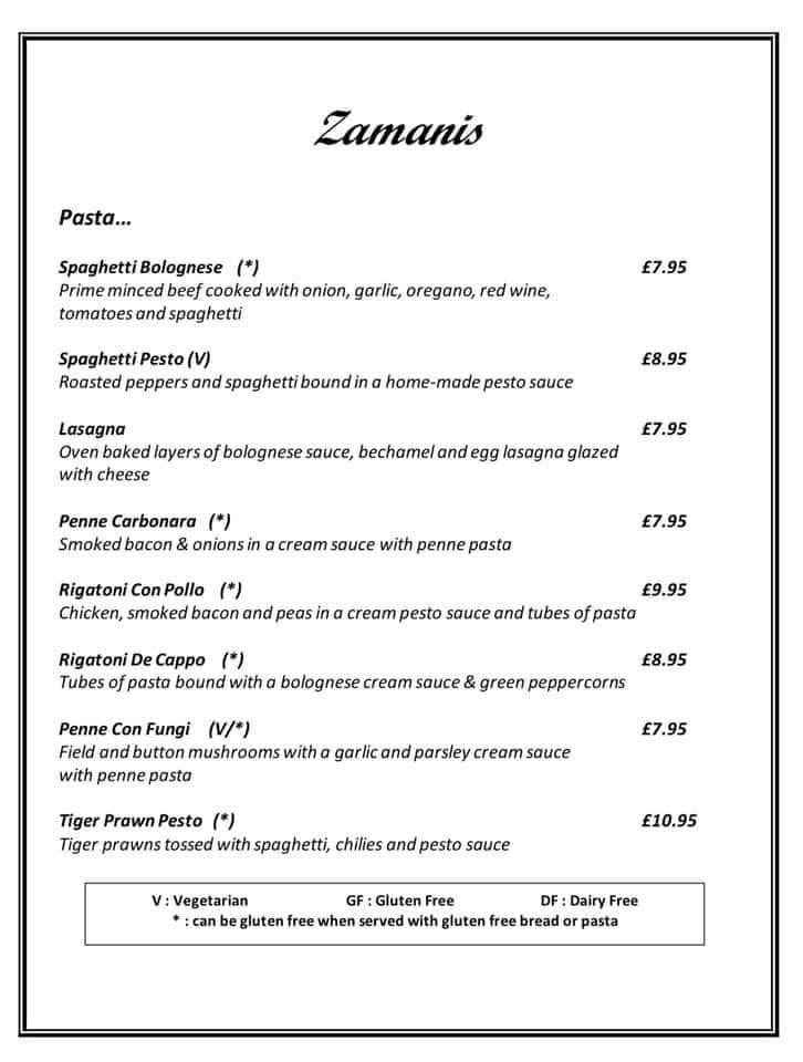 Menu at Zamani's Restaurant, Ashby-de-la-Zouch, 11