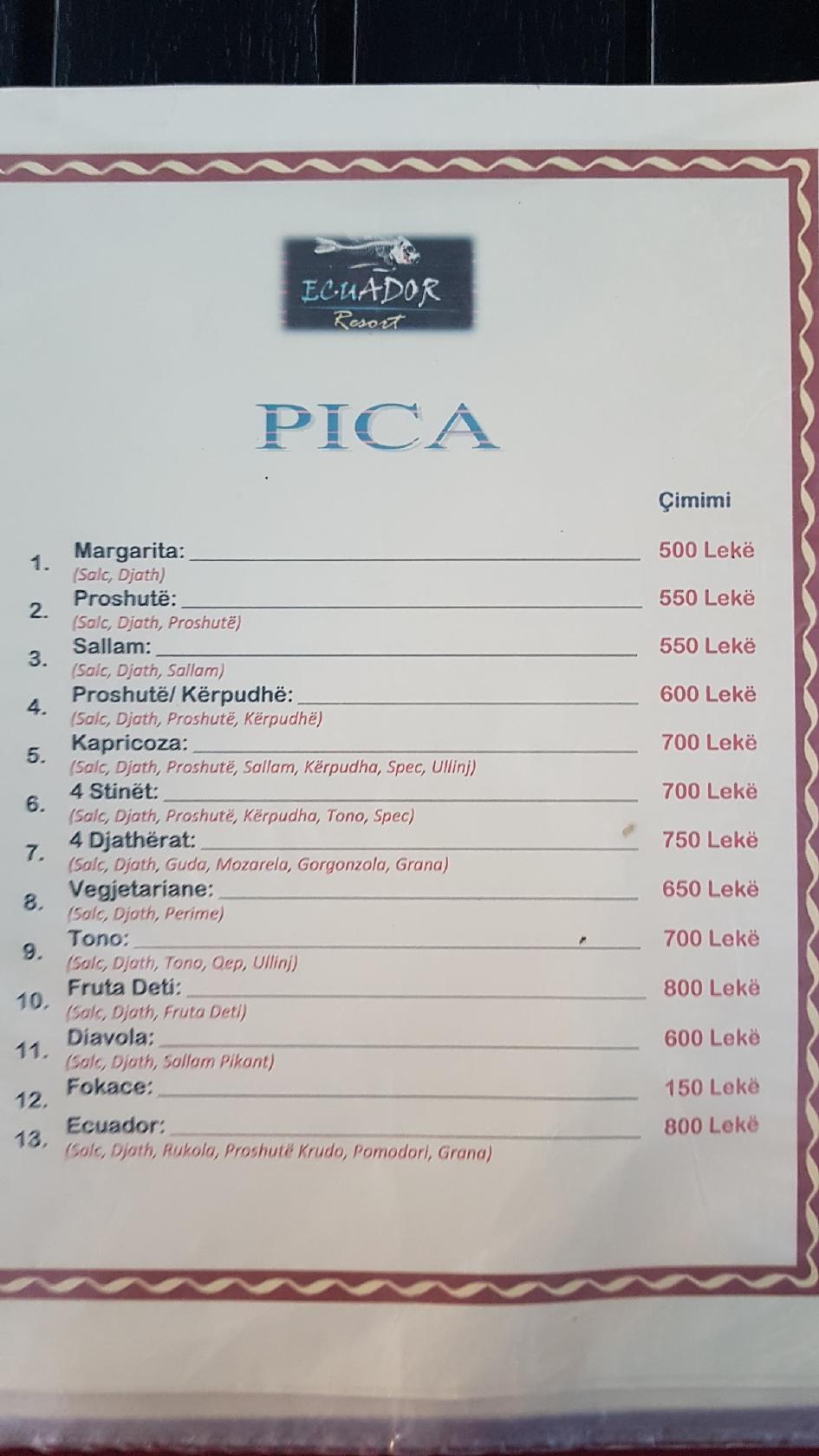 Menu at Ecuador Resort restaurant, Zvërnec