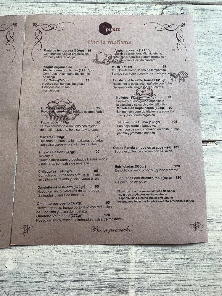 Menu at El Punto cafeteria, Valle de Bravo, Sta. María 137