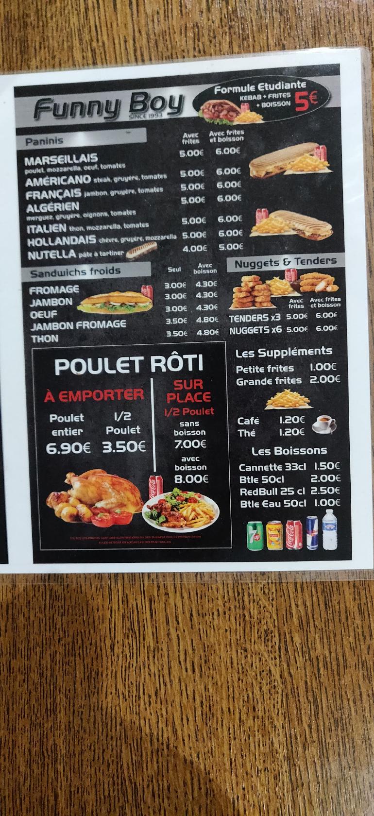 Menu at Funny Boy fast food, Orléans