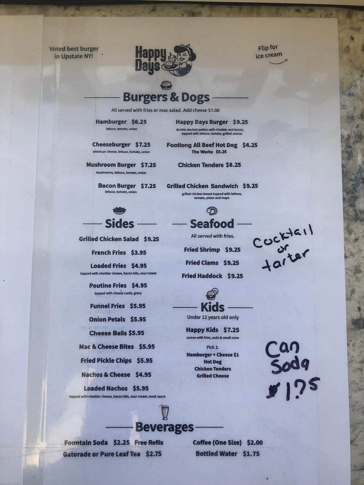 Menu at Happy Days restaurant, Amsterdam
