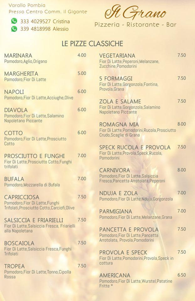 Menu da Il Grano pub & bar, Varallo Pombia