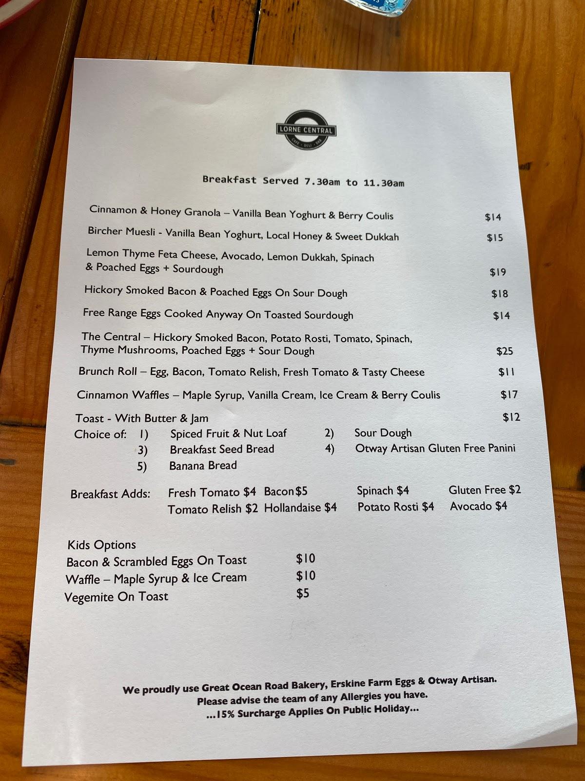 Menu at Lorne Central pub & bar, Lorne
