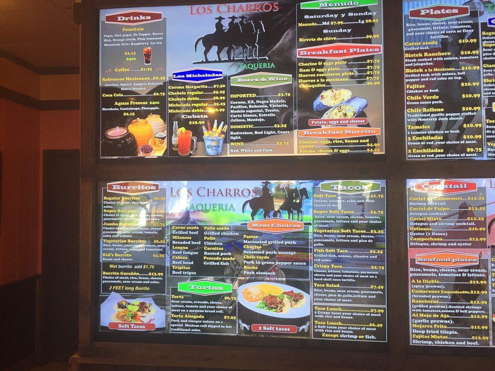 Menu at Los Charros Taqueria restaurant, Yuba City