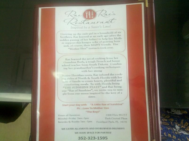 Menu at Rae Rae’s Restaurant, Fruitland Park