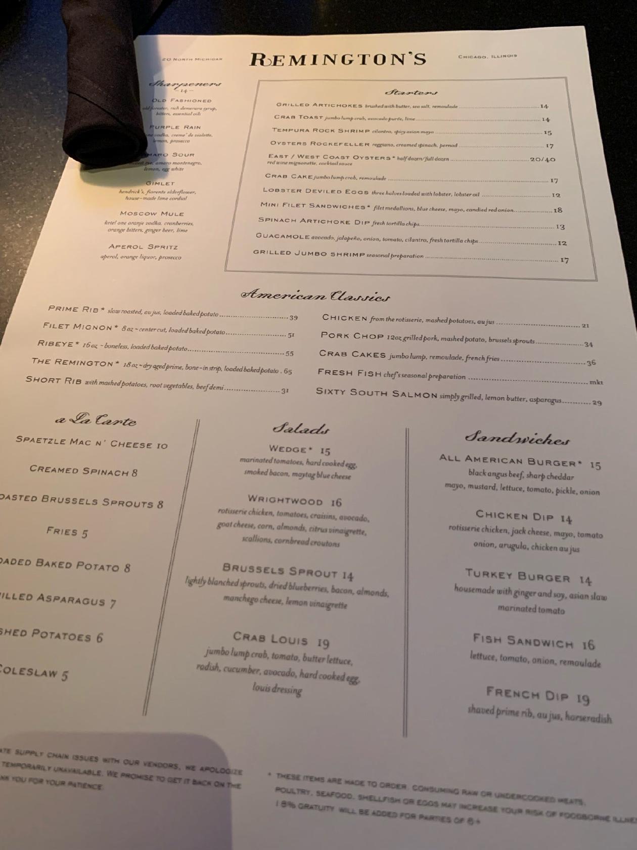 Menu at Remington's steakhouse, Chicago