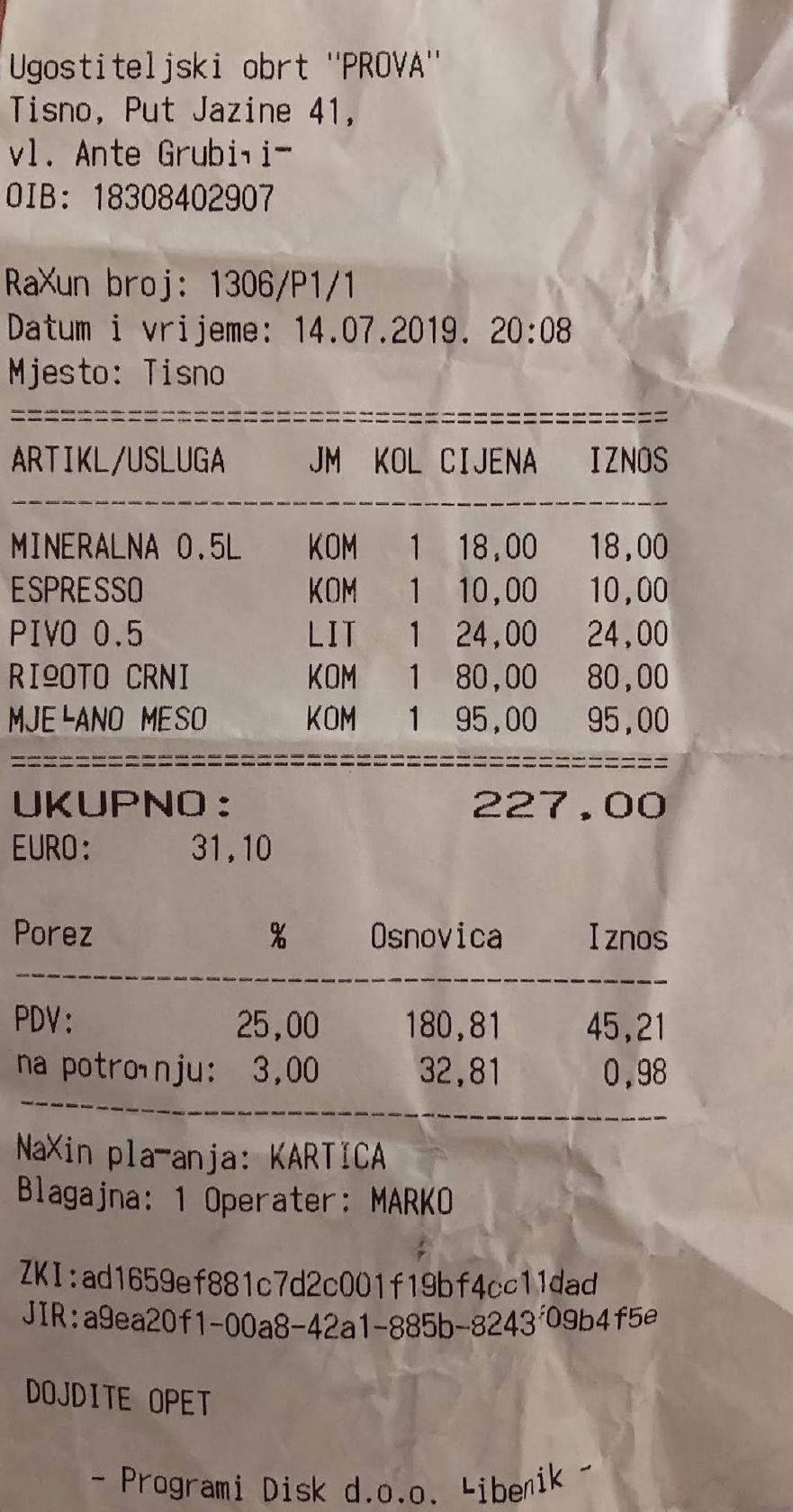 Menu da Restoran "PROVA" ristorante, Tisno