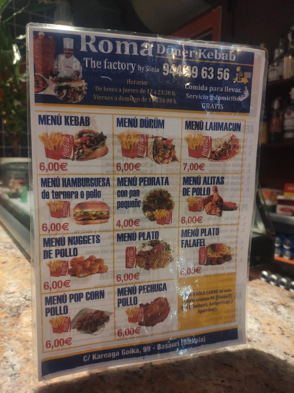 Menu at Roma Döner Kebab (The Factory Bar), Basauri