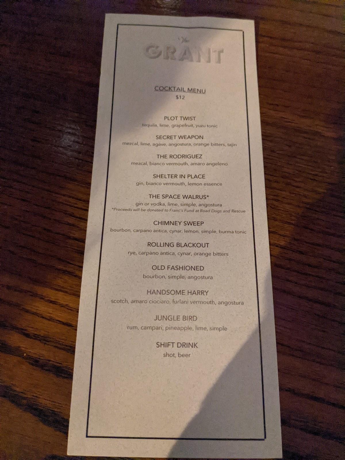 Menu at The Grant pub & bar, Los Angeles