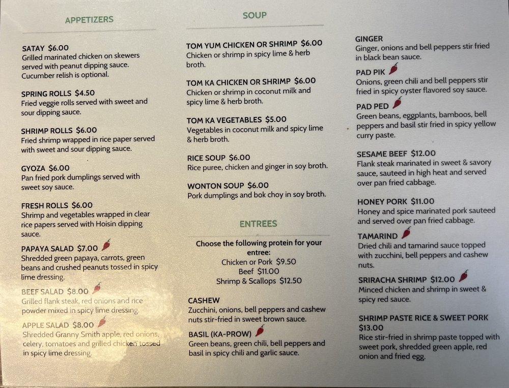 Menu at Dahlgren Thai Food restaurant, Dahlgren