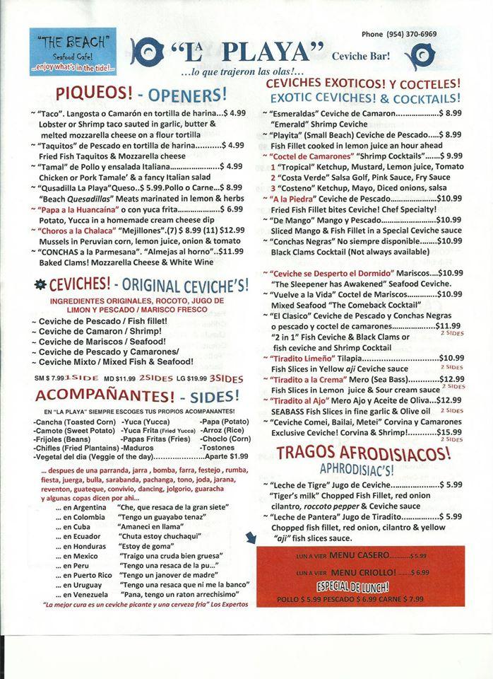 Carta de La Playa Ceviche Bar / The Beach Seafood Café, Plantation
