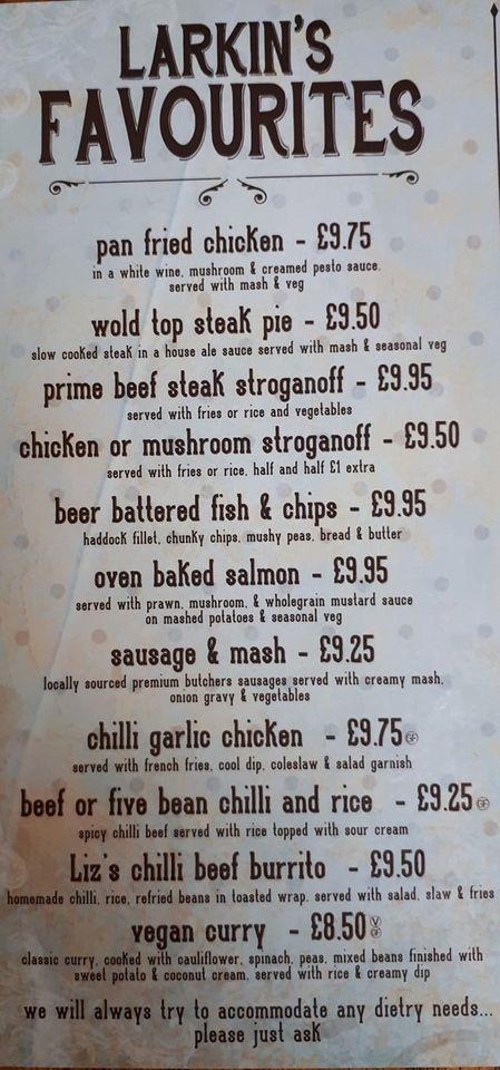 Menu at Larkin's Bar, Hull