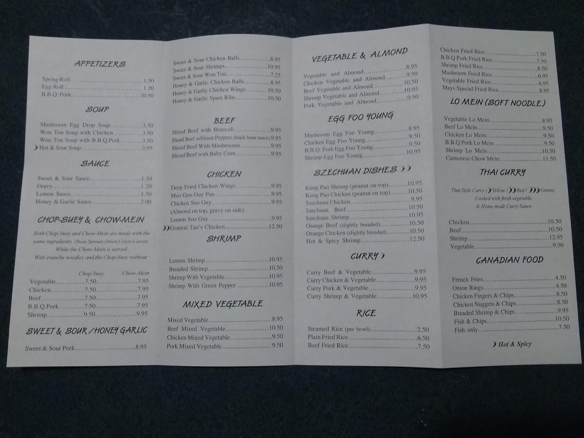 Menu at Mays Restaurant, Cannington