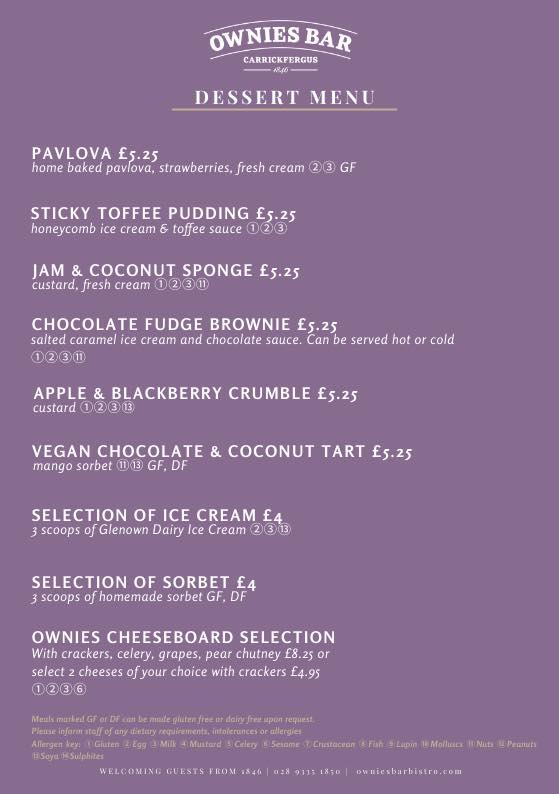 Menu at Ownies Bar and Bistro, Carrickfergus
