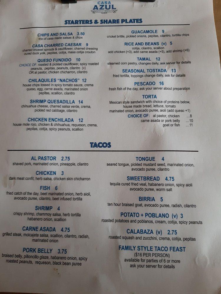 Menu at Casa Azul restaurant, Buffalo, 191 Allen St