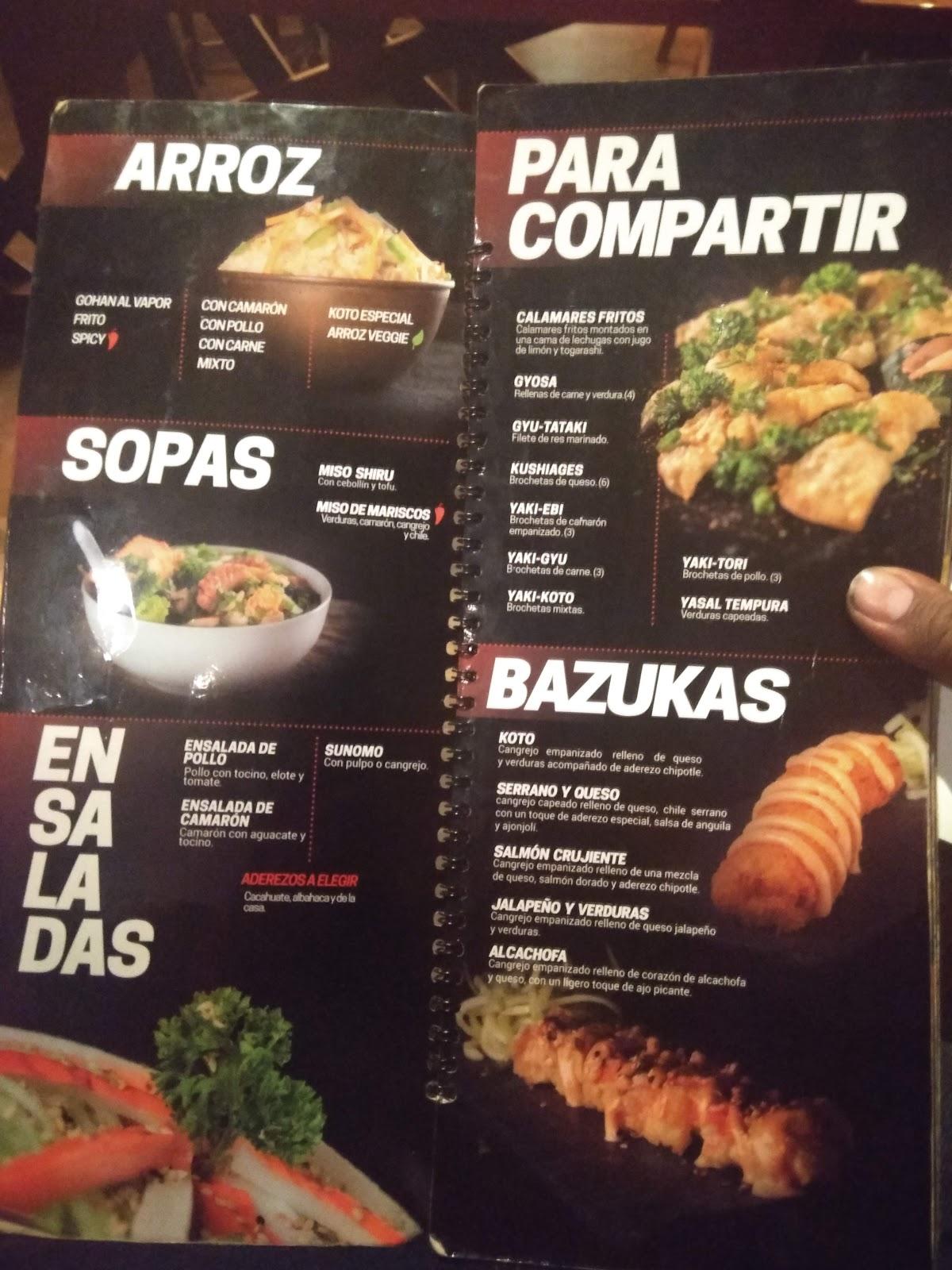 Carta de Koto Sushi Bar Linda Vista, Monterrey