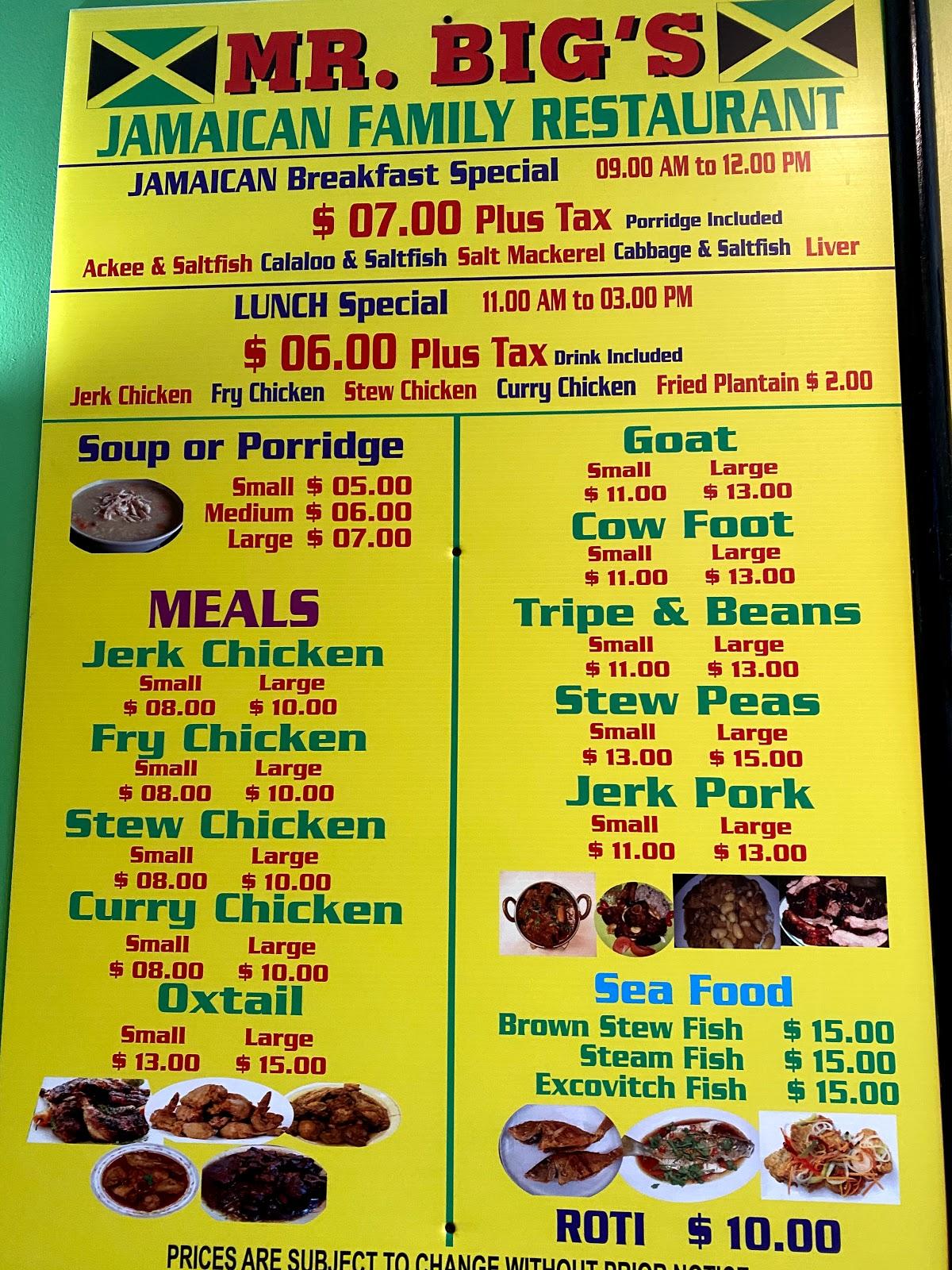 Menu at Mr Big's restaurant, Mississauga