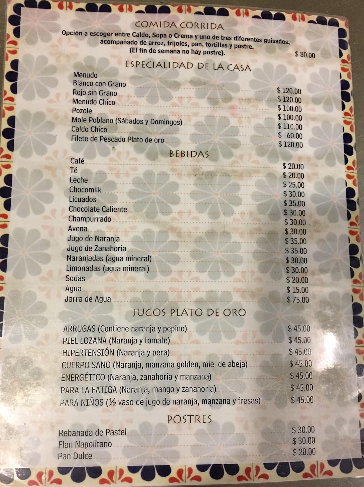 Carta del restaurante plato del oro, Tijuana