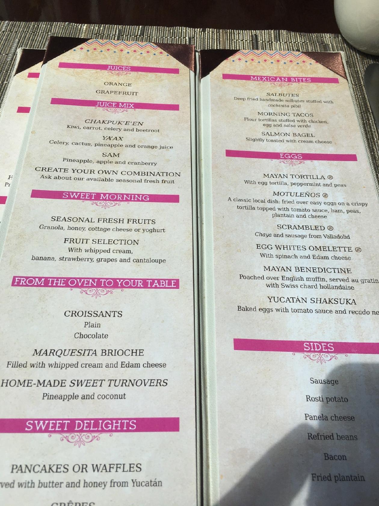 Menu at Riviera Maya restaurant, Cancún