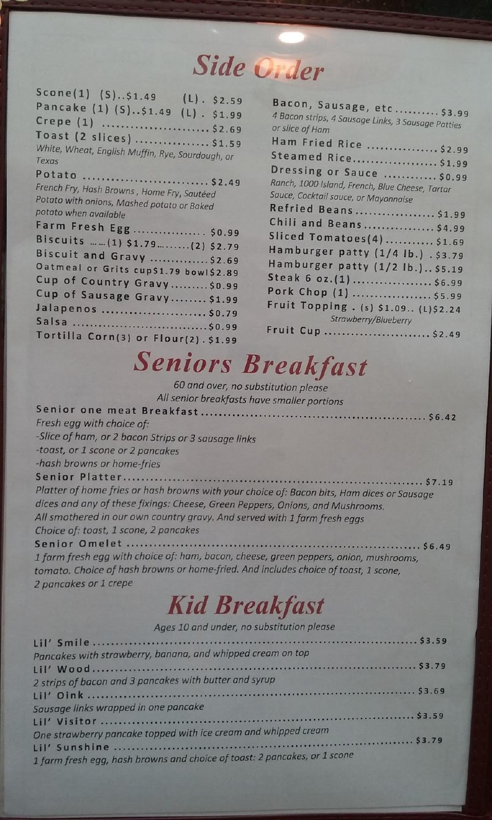 Menu at Star Cafe, Clearfield