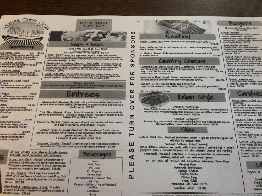 Menu at Sunset Inn Restaurant, Hebron
