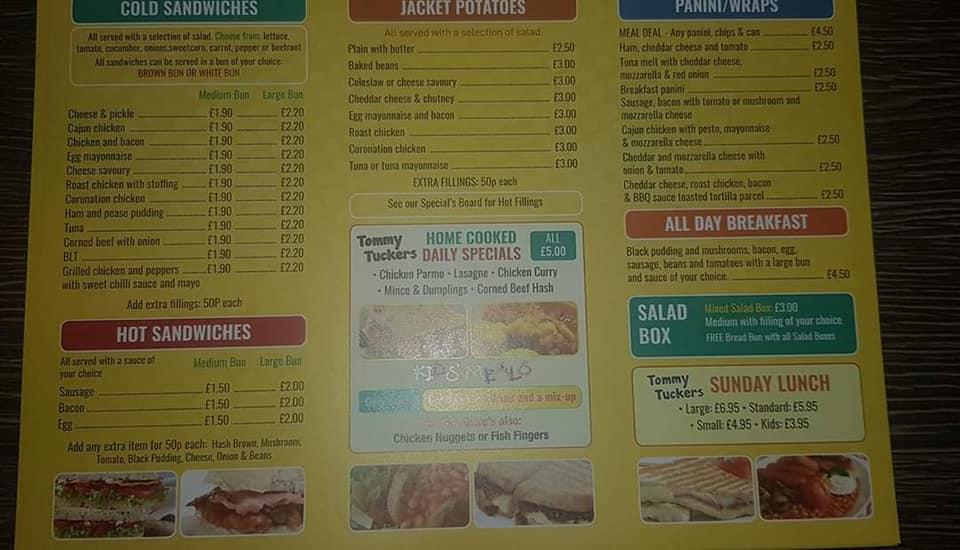 Menu at Tommy Tuckers cafe, Darlington, 12 Newton Ln